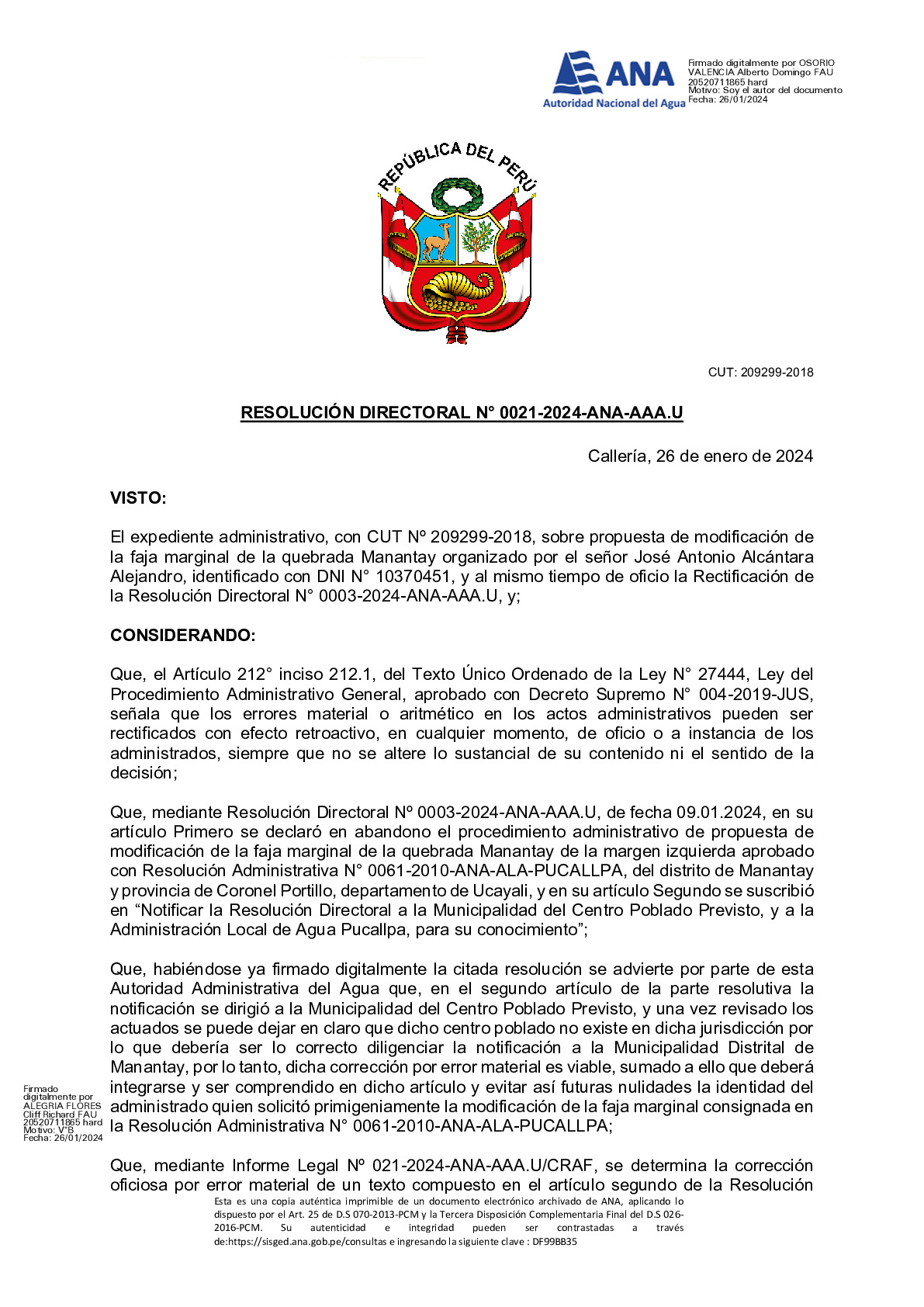 Rectificación el Error Material de la Resolución Directoral N° 003-2024-ANA-AAA.U, sobre ...